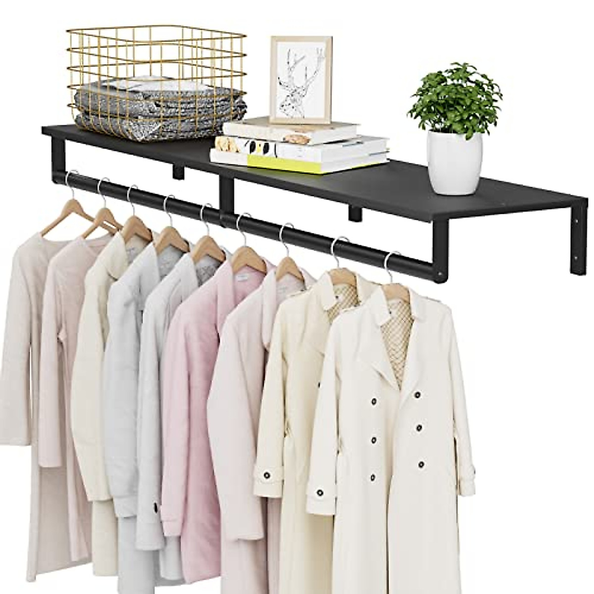 Audmore Wall Mounted Clothes Rack with Top Shelf, 46.5'' Industrial Clothing Rack Heavy Duty, Metal Shelf with Hanging Rod, Garment Rack Laundry Room Shelves, Space Saving