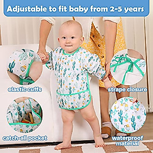 Lictin Long Sleeve Baby Bibs for Boy or Girl,Fully Waterproof Toddler Bibs,2-5 years Neutral Baby Smock for Eating,Reusable Infant Wearable Bibs for Feeding Teething or Weaning,Easy to Clean,5 Pcs