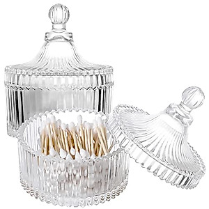 rejomiik 2 Pack Qtip Holder Dispenser Thick Glass Apothecary Jars with Lid for Bathroom Canister Storage Organizers for Vanity, Counter, Makeup Tables for Cotton Swabs, Ball, Floss, Candy, Clear
