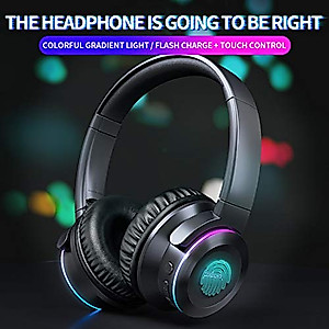 Wireless Glowing Headset Foldable Headphones Bluetooth 5.0 Fingers Touch Control with MIC TF Card 3.5mm Audio Port deep bass (Black Color)
