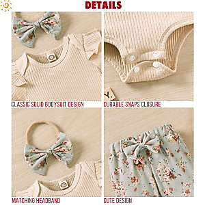 Aalizzwell Preemie Baby Girls Clothes Ribbed Floral Short sleeve Spring Summer Outfits Beige Premature