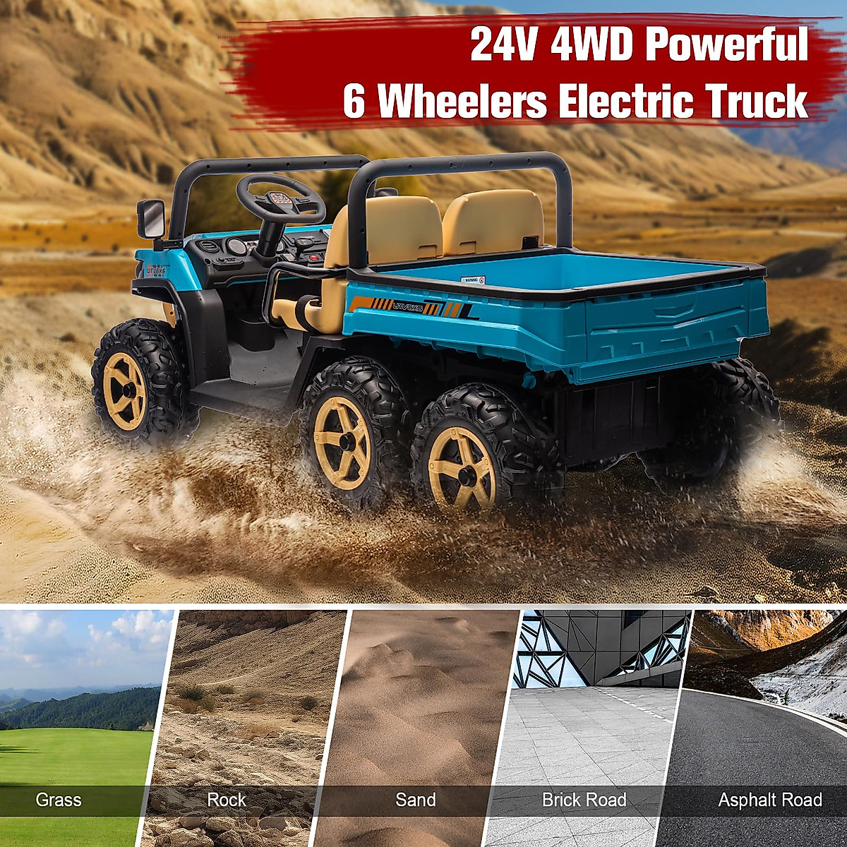 POSTACK 24V 4WD Ride on Dump Truck, 6 Wheels Ride On Car with Remote Control, Side by Side 2 Seater Power 6 Wheels for Big Kids, Ride on Tractor for Toddler with Music, Bluetooth, Blue