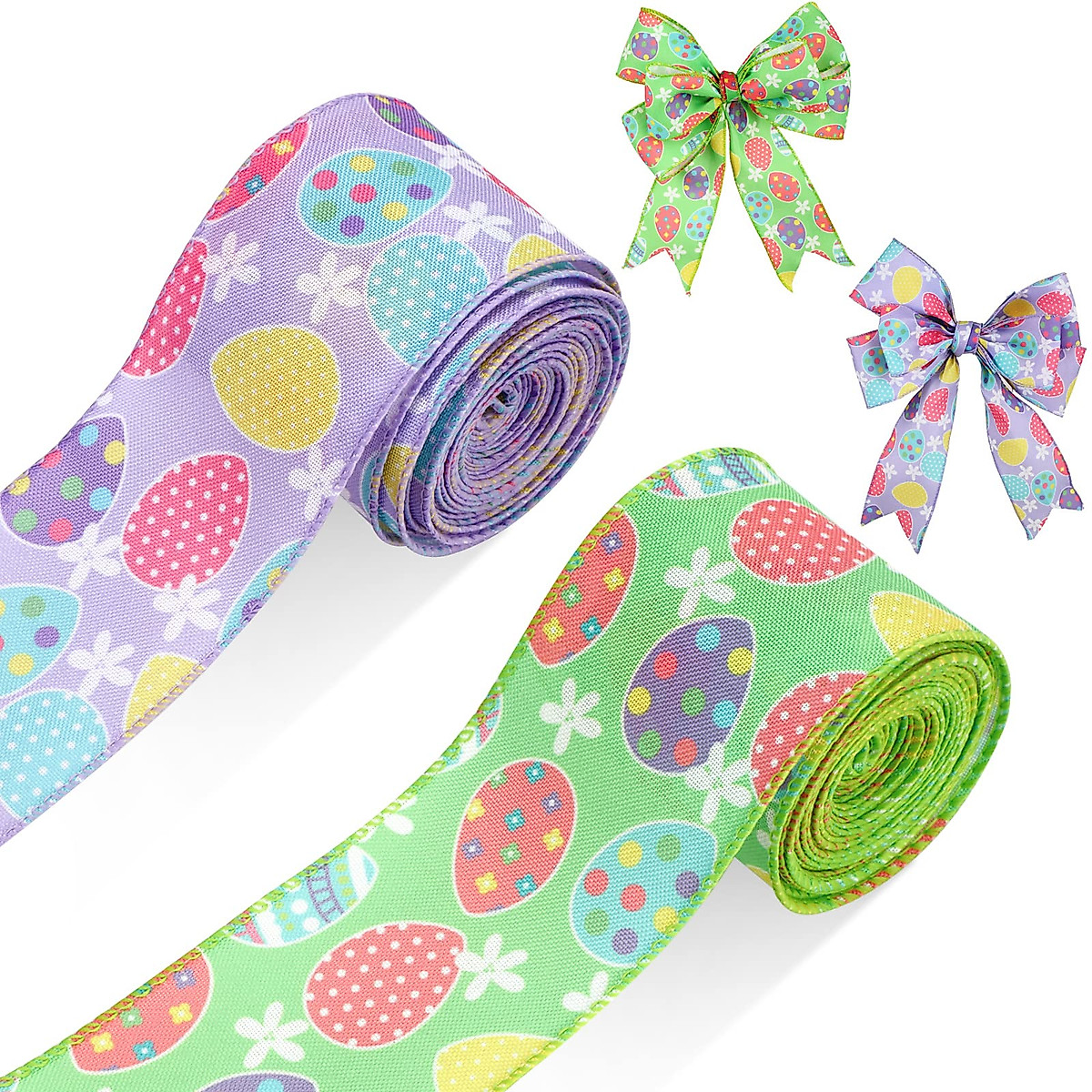 2 Rolls Easter Ribbon Easter Eggs Wired Edge Ribbon 2.5 Inch 20 Yards Lavender Easter Fabric Ribbons Green for Easter Wreath Decoration Wrapping Floral Bows