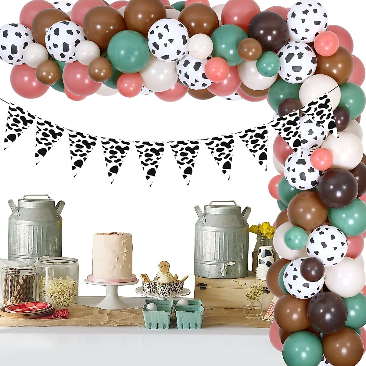 Cowgirl Balloon Garland Arch Kit 115pcs with Cow Print Pennant Banner for First Rodeo Birthday Party Decorations Western Last Rodeo Bachelorette Decor Farm Party Supplies