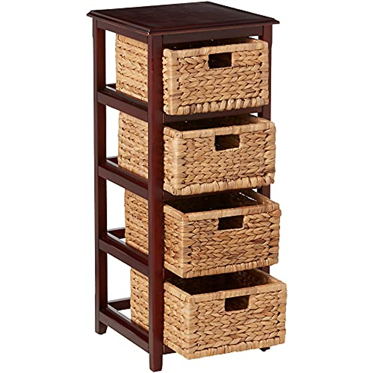 OSP Home Furnishings Seabrook Storage Tower with Solid Wood Frame and Natural Baskets, 4-Drawer, Espresso Finish