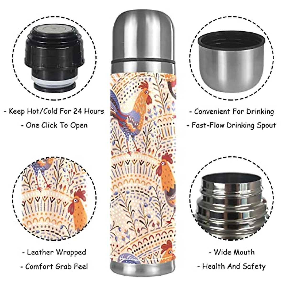 Seamless Art Cock Rooster Stainless Steel Water Bottle, Leak-Proof Travel Thermos Mug, Double Walled Vacuum Insulated Flask 17 OZ
