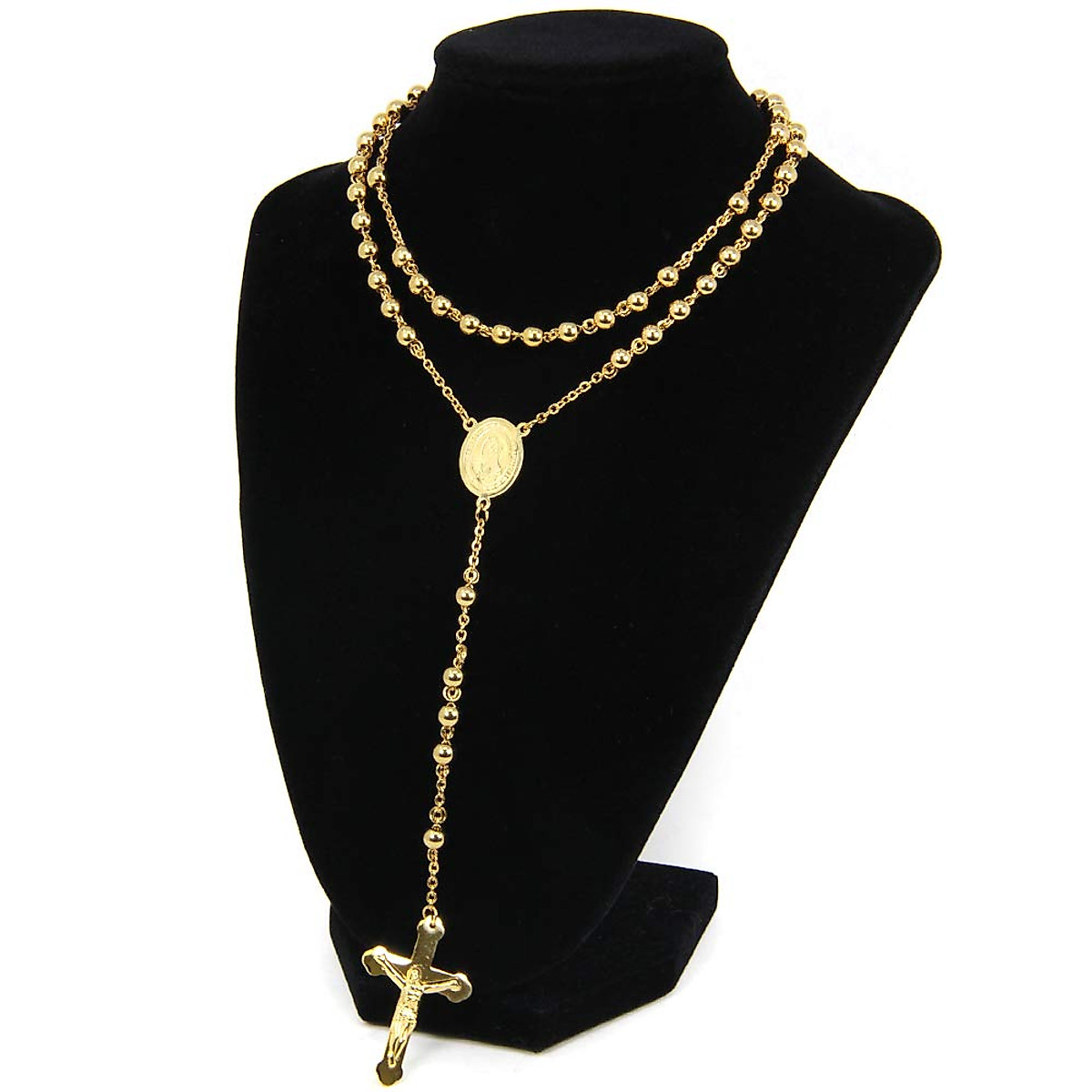 MEPLUS FASHION Stainless Steel Gold Silver Rosary Beads Cross Y Necklace Chain for Women (6mm-Gold)
