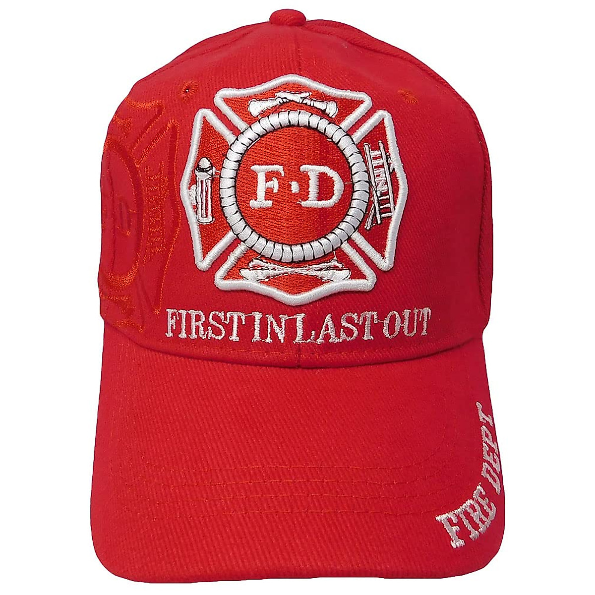 Trade Winds Fire Department Dept First in Last Out Red with Red Shadow Cotton Adjustable Embroidered Baseball Hat Cap, Black, 7 3/4
