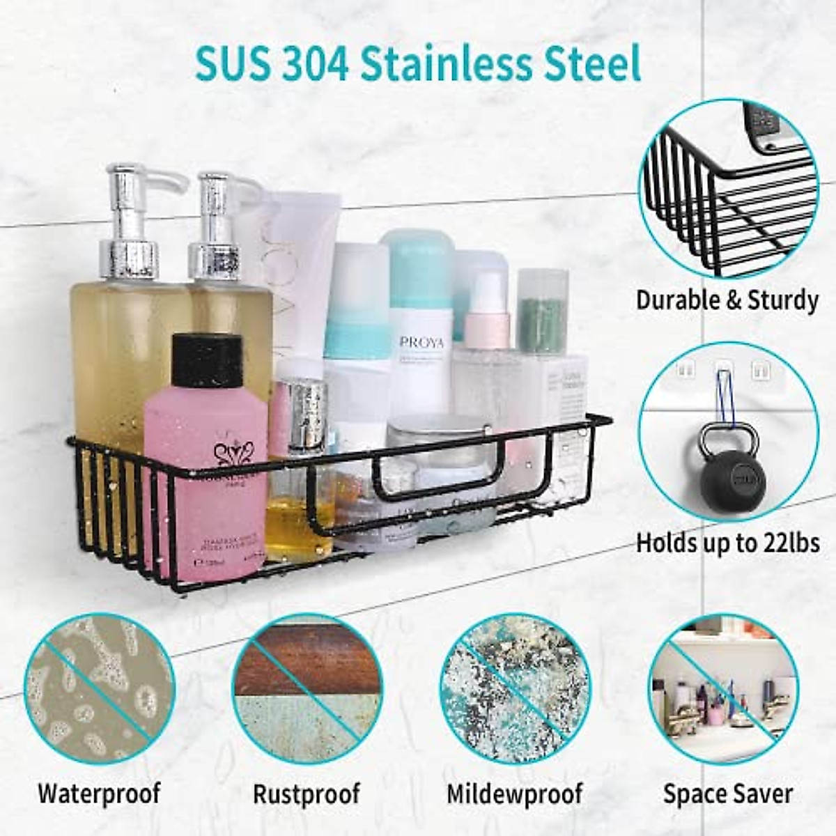 EATAKWARD 4 Pack Shower Caddy Basket Shelf with Soap Dish,Hair Dryer Holder &Hooks Strong Adhesive Wall Mounted Shelf Organizer Storage Rack 304 Stainless Steel Shelves for Bathroom Kitchen, Black