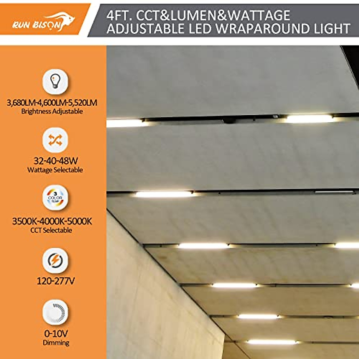 Run Bison 4FT LED Wraparound Light Fixture, 3 Color Selectable 3500K-5000K,Lumen Adjustable 3680/4600/5520LM,120-277V, 0-10V Dimmable Vapor Proof Parking Garage Light Fixture - 2 Pack