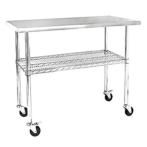 ROCKPOINT Stainless Steel Table for Prep & Work with Caster 49x24 Inches, NSF Metal Commercial Kitchen Table with Adjustable Wire Under Shelf and Table Foot for Restaurant, Home and Hotel