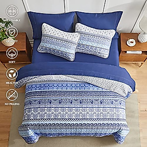FlySheep Blue Boho Quilt Set 5 Pcs Bed in a Bag, Colorful Bohemian Striped Twin Size Coverlet Bedspread (1 Reversible Quilt 68x86, 1 Pillow Sham, 1 Flat Sheet, 1 Fitted Sheet, 1 Pillowcase)