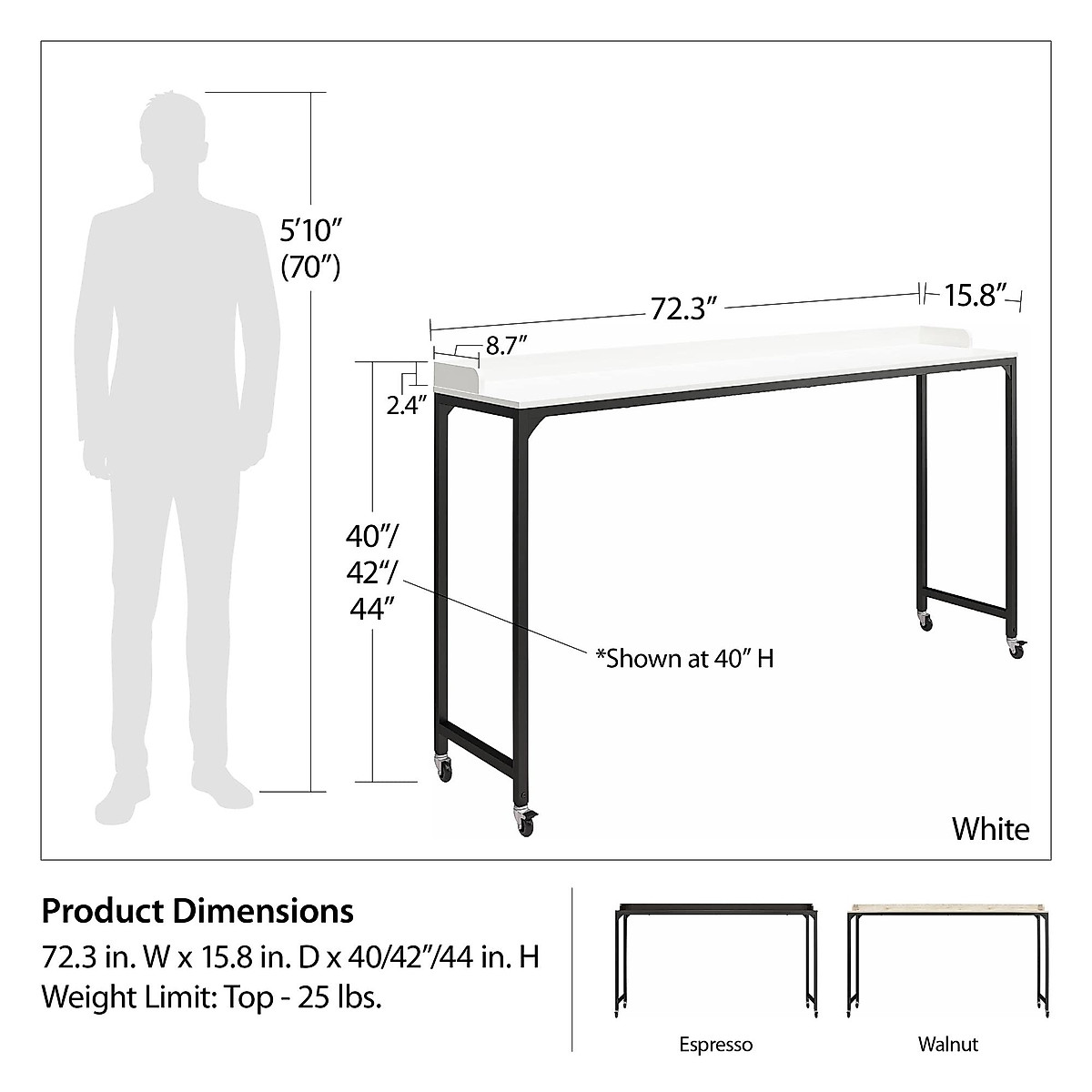 Ameriwood Home Park Hill Adjustable Height Over-The-Bed Desk with Castors, White