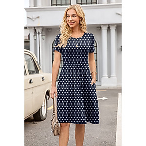 DB MOON Women Summer Casual Short Sleeve Dresses Empire Waist Dress with Pockets (Polka Dot Navy Blue, M)
