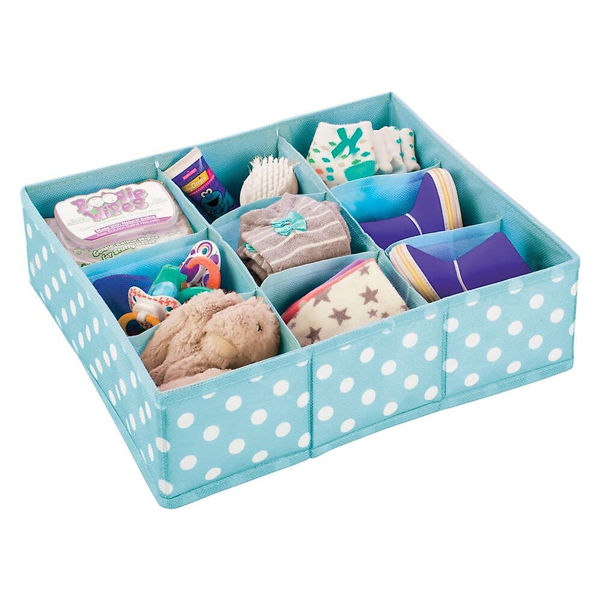 mDesign Soft Fabric 9 Section Dresser Drawer and Closet Storage Organizer for Child/Kids Room, Nursery, Playroom - Divided Large Organizer Bin - Herringbone Print - Turquoise/White - 2 Pack
