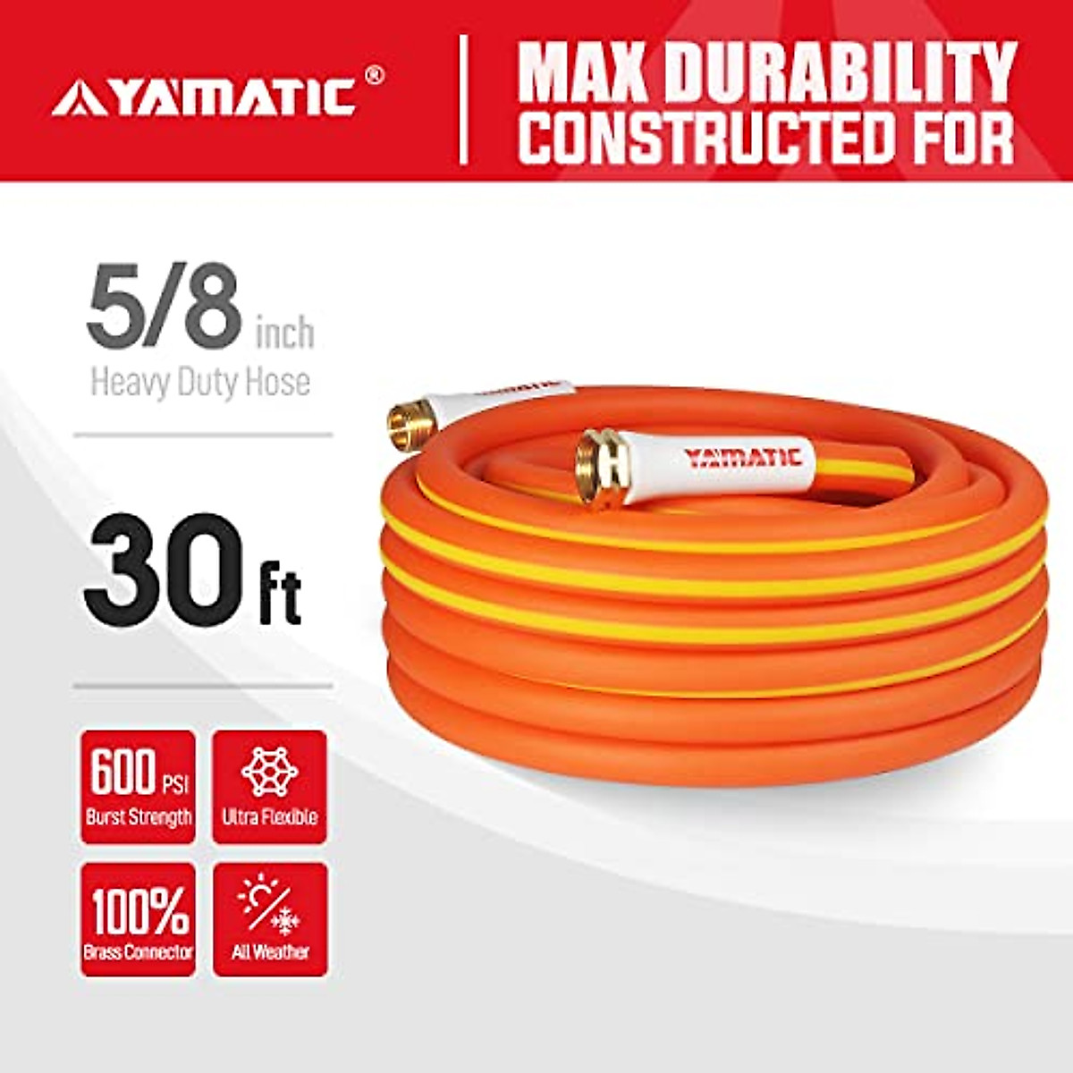 YAMATIC Heavy Duty Garden Hose 5/8 in x 30 ft, Ultra Flexible Water Hose, Drinking Water Safe, All-weather, Lightweight, Burst 600 PSI