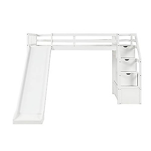 Bellemave Wood Loft Bed with Slide, Twin Loft Bed with Staircase, Loft Bed with Storage for Kids Girls Boys, White