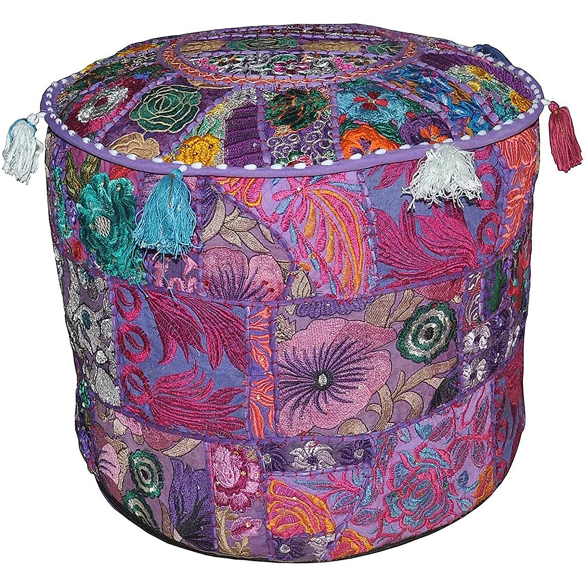 Footstool Cotton Bohemian Decor Round Stool White Patchwork Embroidered Ottoman Pouf Cover Floral Tuffet Chair Floor Cushion Ethnic Bean Bag Living Room (22 Inches, Blue)