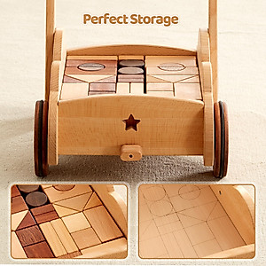 Beright Wooden Baby Walker Push Toy, Learning Educational Walking Toys for Babys Toddles, Adjustable Speed & Height, Natural Beech, not with Building Blocks