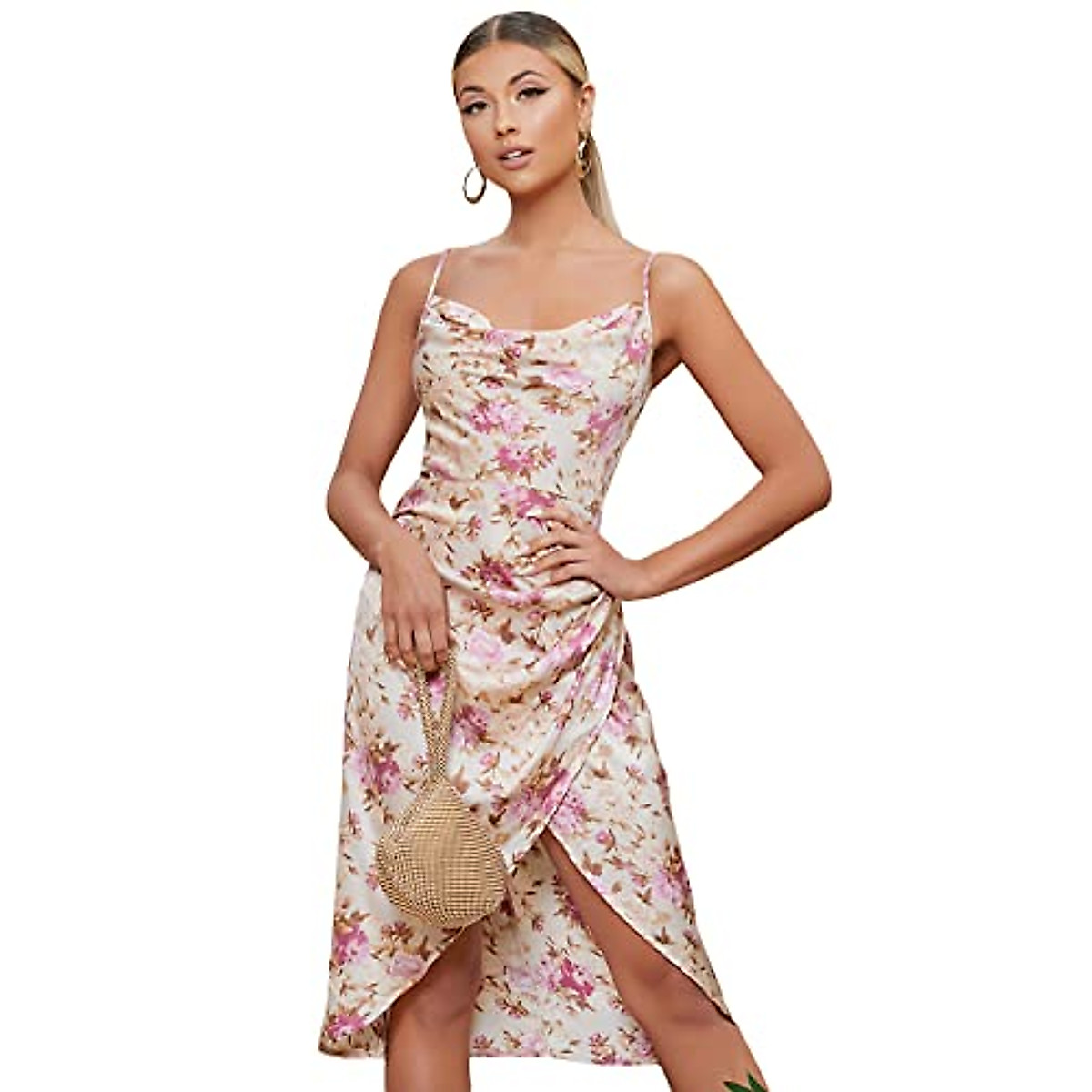 Floerns Women's Floral Print Cowl Neck Ruched Sleeveless Satin Slit Party Dress Beige/Pink S