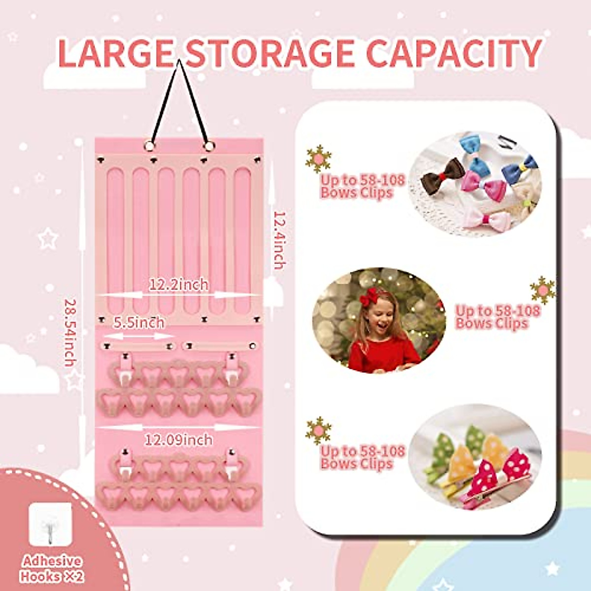 COSIFO Headband Holder Organizer for Baby Girl, Large Capacity Hair Bows Hanging Organizer, Bow Storage w/Heart-Shape Velvet Hangers for Girls Room, Door, Closet