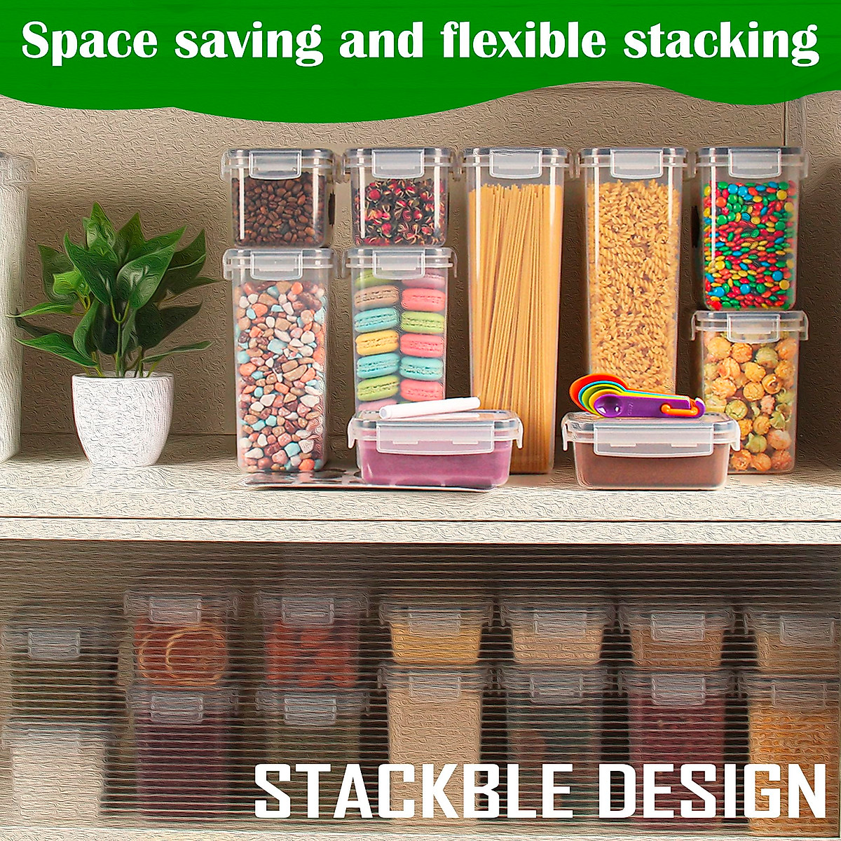 Airtight Food Storage Containers with Lids Set 10 Pack, Clear Plastic Pantry & Kitchen Organizers and Storage for Cereal Flour Pasta Snacks Sugar & Dry Food, BPA Free, with multiple Labels & Spoons