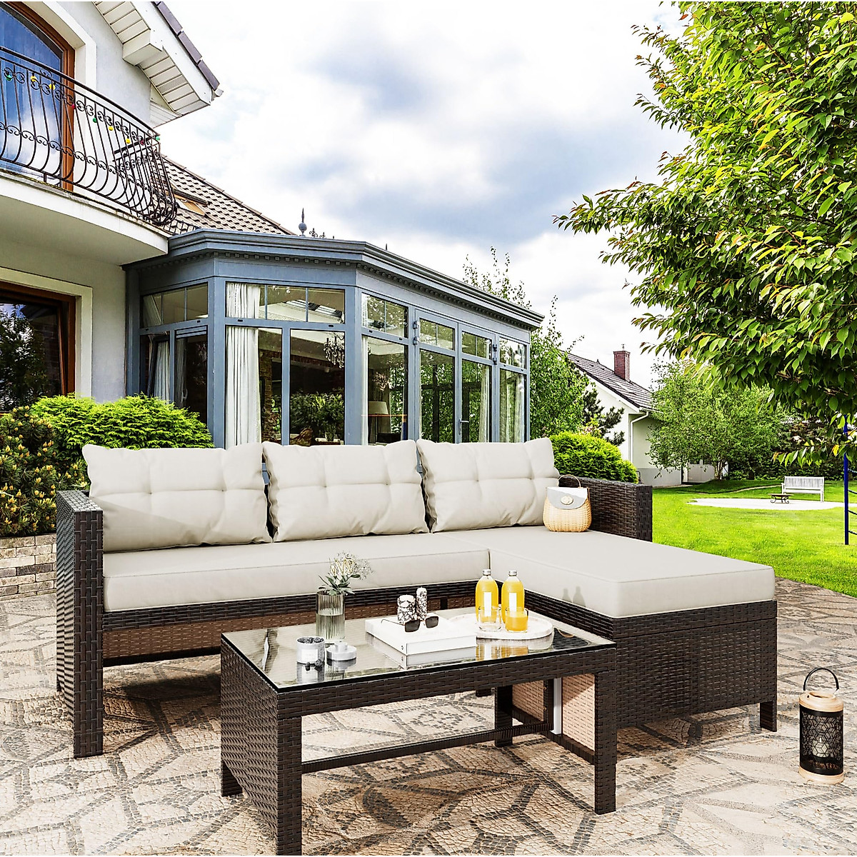 Vongrasig 3 Piece Patio Furniture Sets, All-Weather PE Wicker Outdoor Sofa Couch Sectional Set, Small Conversation Set for Garden/Patio w/Cushion, Glass Table, Beige