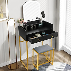 VOWNER Makeup Vanity Desk with Lighted Mirror, 3 Color Dimmable Vanity Table Set for Bedroom with Power Outlet, Drawer & Cushioned Stool, Black, VOWNER-172