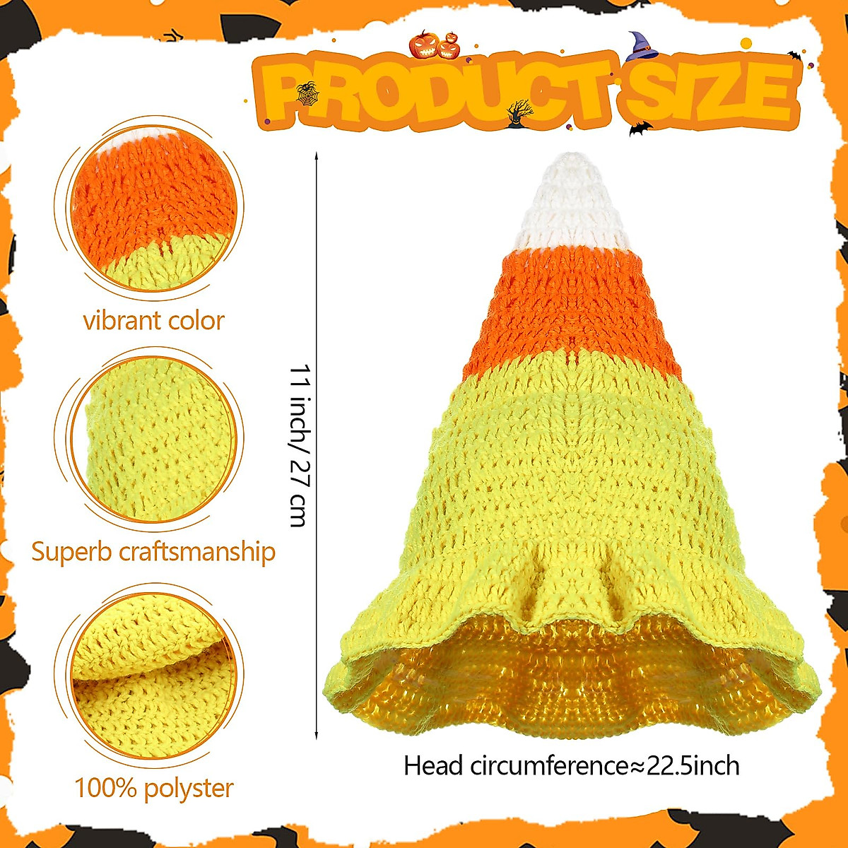 Panitay 10.63 x 12.99 Inch Candy Corn Witch Hat Crochet Pattern for Women Adult Knitted Crochet Wizard Hat for Autumn Halloween Cosplay Party Decorations, Orange, White and Yellow