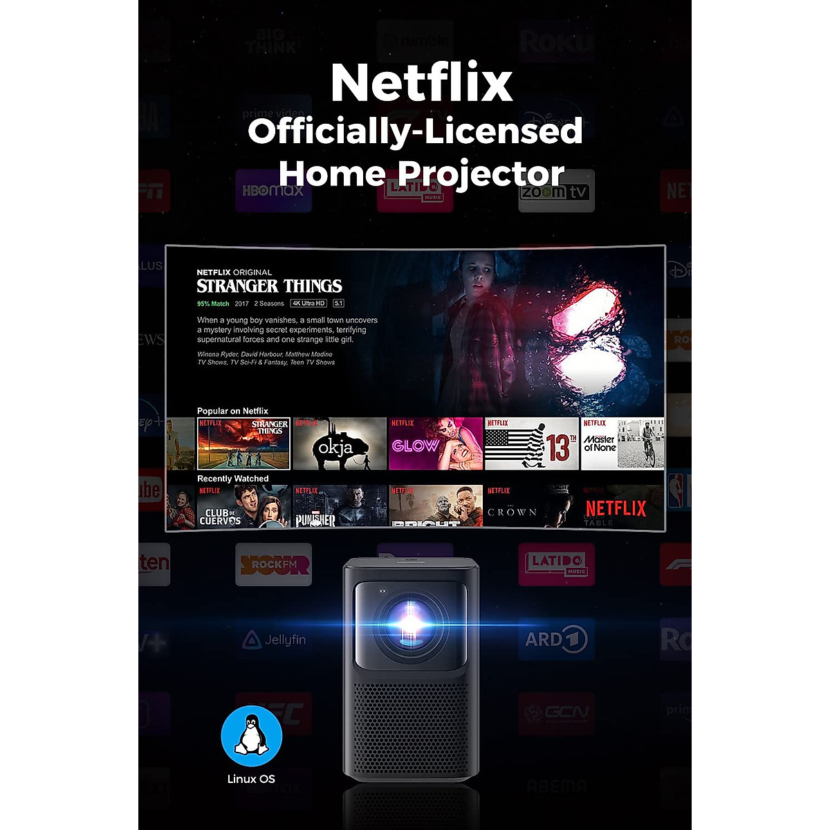 Mini Projector, Emotn N1 Netflix Officially-Licensed Portable Projector, Native 1080P Movie Projector with 5G Wi-Fi and Bluetooth 5.0, Autofocus Auto Keystone, 120" Picture, Dolby Audio Speaker, Grey