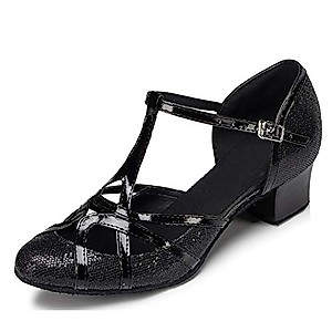Minishion Women's T-strap Dance Heels Black/3.5cm Heel Glitter Salsa Ballroom Shoes US 10