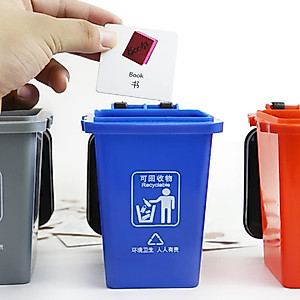 Kisangel Garbage Cans Model 1 Set Garbage Classification Model Trash Cans with Lids Mini Curbside Garbage Trash Bin(4 Trash Cans+ 108 Card)