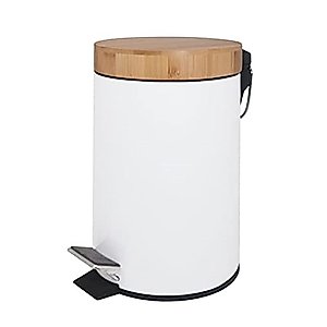 Small Bathroom Trash can with Pedal,Eco Friendly Bamboo lid Soft Close,0.8 Gal/3L .White Steel with Removable Inner bin.Strong &Anti Skid Pedal.Color Box.Unique & Boutique Style