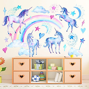 Wajade Unicorn Wall Decals, 2 Sheets Unicorn Rainbow Peel and Stick Wall Stickers Removable Wall Decor for Girls Kids Bedroom Nursery Playroom Decor