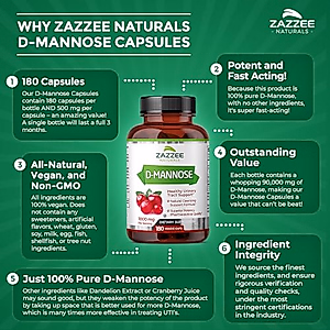 Zazzee D-Mannose, 1000 mg per Serving, 180 Vegan Capsules, 3 Month Supply, Potent & Fast-Acting, Certified Kosher, 100% Pure, All-Natural Urinary Tract Health UTI Support, 100% Vegetarian, Non-GMO