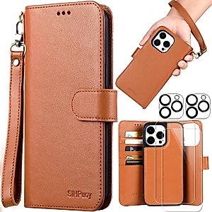 SiHPuoy Genuine Leather for Apple iPhone 15 Pro Wallet Case with Card Holder Kickstand, Phone Accessories for Woman Men, 2 pcs Screen Protector 2 pcs Camera Lens Cover, Brown