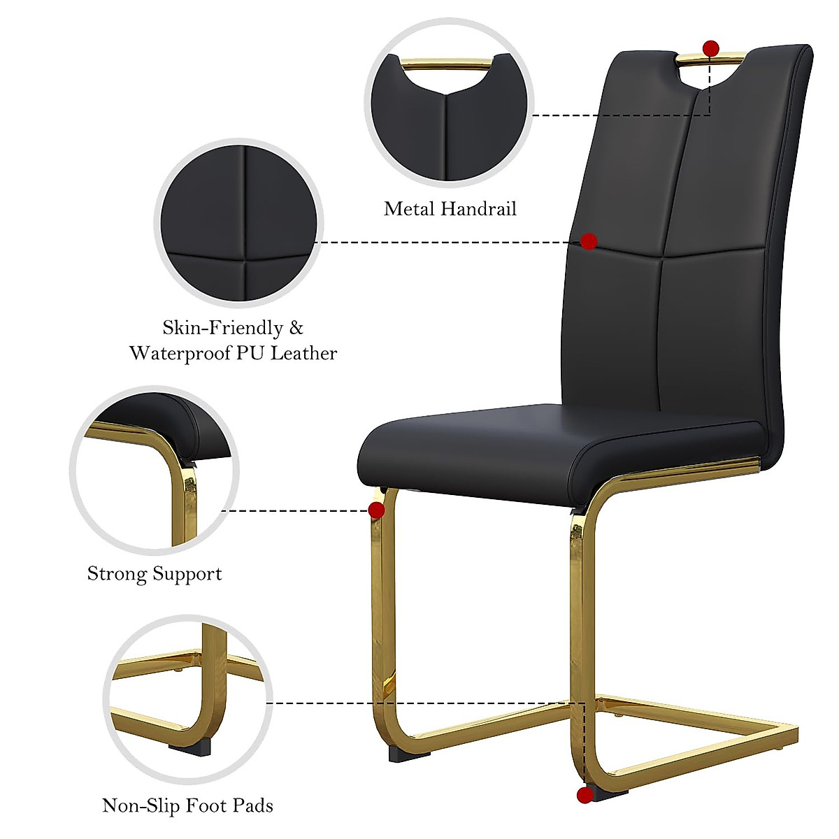 Modern Dining Table Set for 4, 5 PCS 39 Inch Round Tempered Glass Table with PU Leather Chairs for Small Living Room, Dining Room, Kitchen, Black with Gold Base