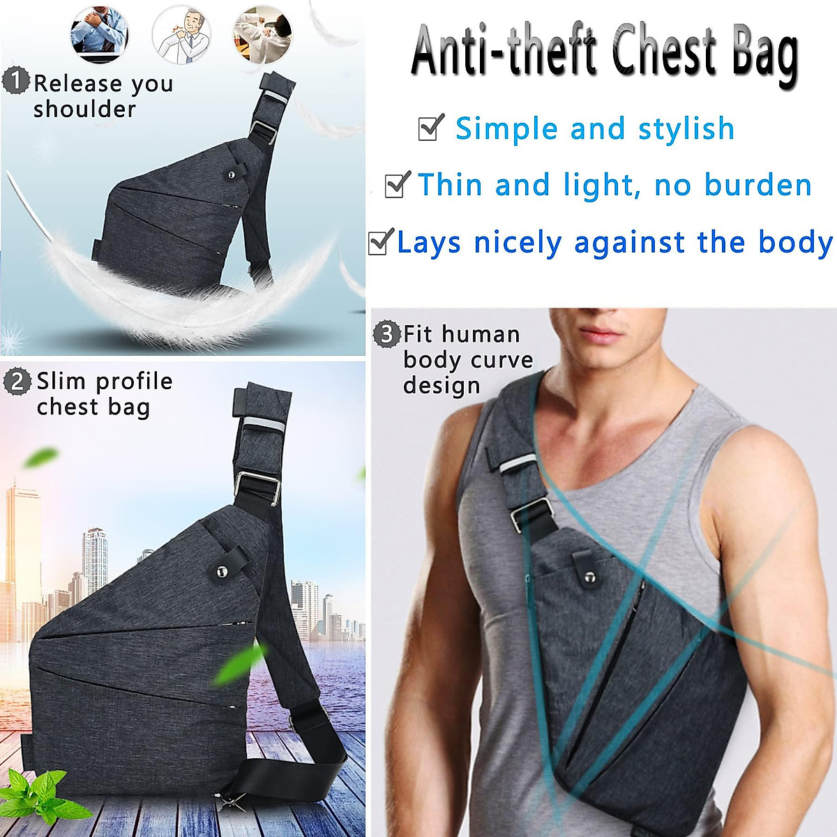 Travel Sling Bag Light Thin Chest Shoulder Bag Anti-Thief Crossbody Personal Pocket Bag for Men Shoulder Backpack for Hiking(Right)