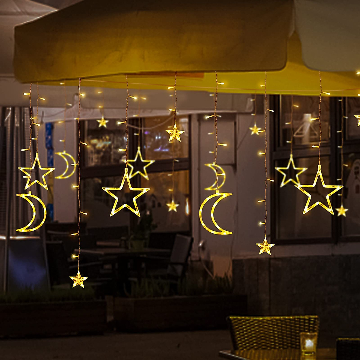 XINXIANLIAN 138 LED Ramadan Decorations Light Solar Moon Star Lights String Light Outdoor Waterproof Solar Powered Curtain Lights with 8 Modes Ramadan Hanging Decor for Patio (Warm White)