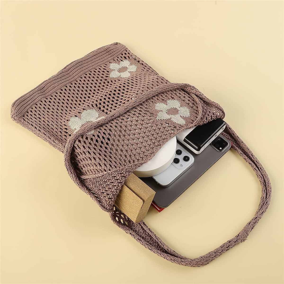 Cute Crochet Tote Bag With Mesh, Perfect For Beach & Pool - Includes 1 Flower KeyChain and 2 Sunflower Bracelets - Women's Accessory