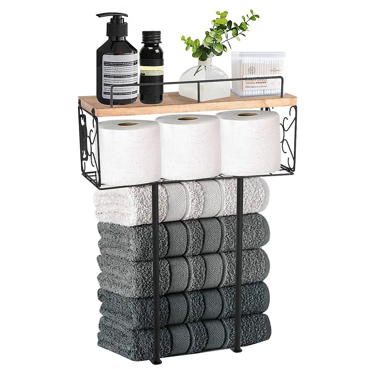 Wall Mounted Towel Racks for Bathroom, Natural Wood Shelf-Metal Basket Set, Black Bath Wall Towel Holder, Towel Storage Organizer for Small Bathroom, Tiered Vertical Storage Rack for RVs,Camper,Toilet