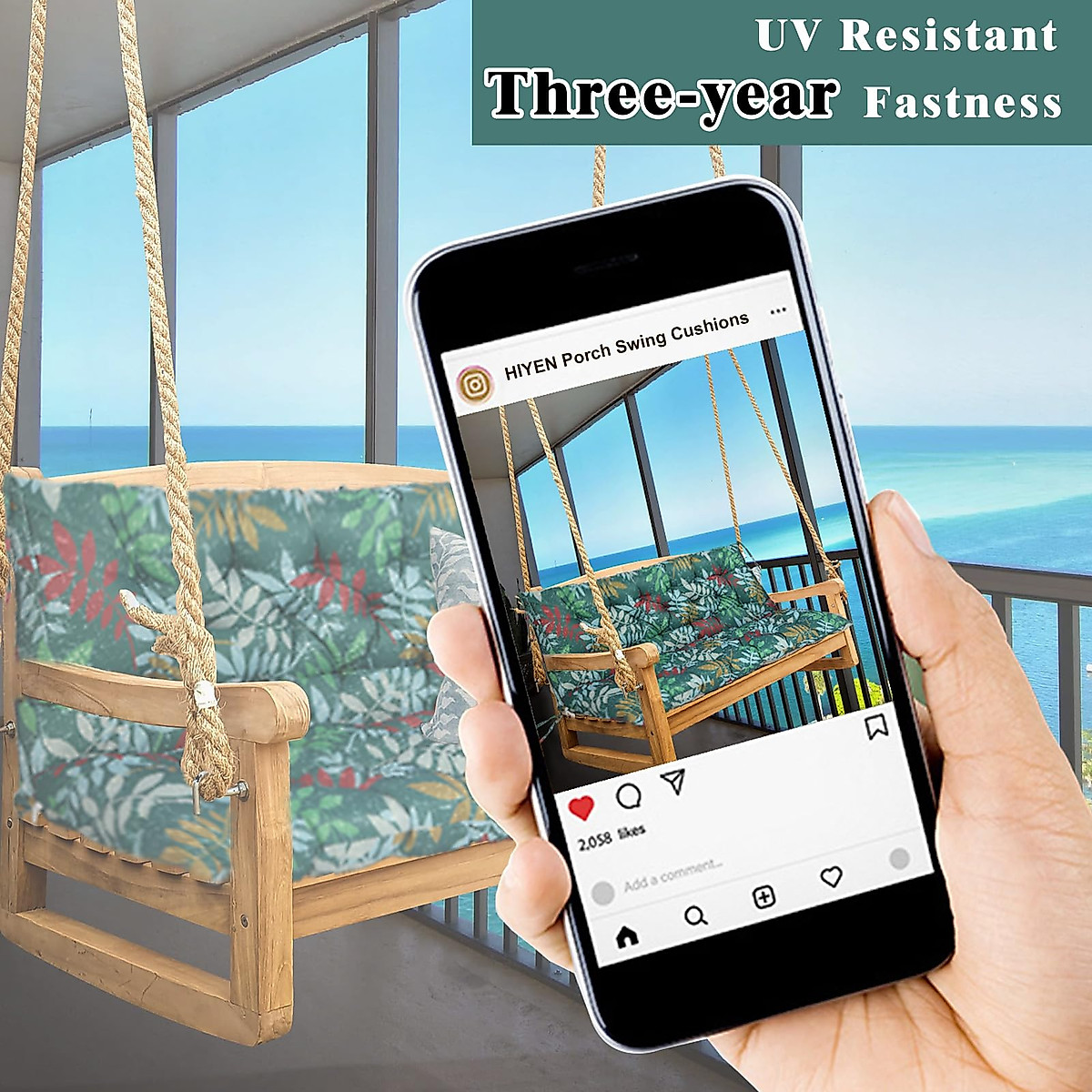 HIYEN Porch Swing Cushions 3 Seater Replacement, Waterproof Bench Cushions for Outdoor Furniture with Backrest, 4" Thickened Patio Swing Cushion with Ties (Flower, 47 * 40 inch)