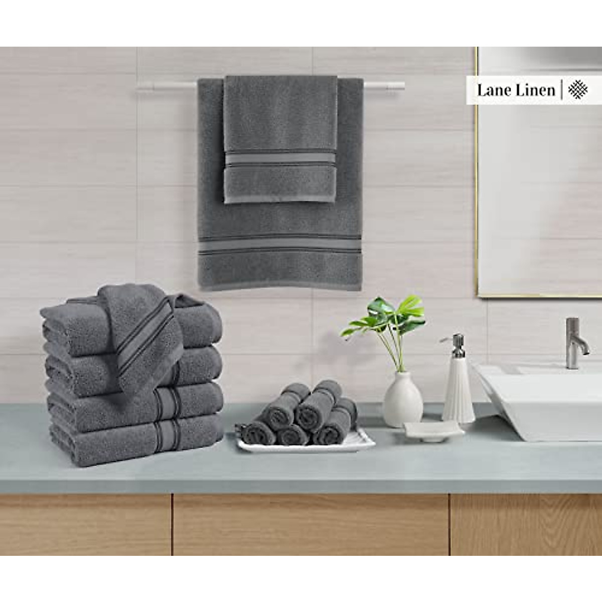 LANE LINEN Luxury Bath Towels Set - 3 Piece 100% Cotton Bathroom Towels, Quick Dry, Extra Aborbent, Super Soft Towels Set 1 Hand Towel, 1 Wash Cloths, 1 Bath Towel, Space Grey