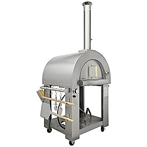 MCP-Distributions 32.5'' Outdoor Propane or Wood Fired Silver Stainless Steel Artisan Pizza Oven or Grill with Waterproof Cover, Pizza Peel