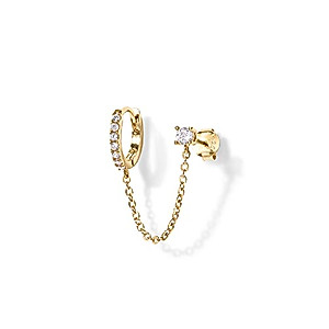 PAVOI 14K Yellow Gold Chain Earrings for Women | Double Piercing Dangle Chain Huggie Hoop Earrings | Cubic Zirconia Pearl Stud Earrings for Women (Single)