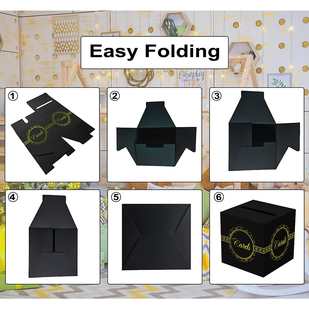 WNINK Black Card Box with Gold Foil Design, Gift Cards Receiving Box for Birthdays Party, Wedding Receptions, Bridal & Baby Showers, Graduations, Retirements, Anniversaries