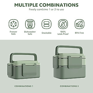 JSCARES Stainless Steel Bento Box Adult Lunch Box, 3 Stackable Bento Lunch Containers, Portable Modern Style Adult Bento Box, Leakproof 51OZ Bento Lunch Box for Kids and Adults (Green)