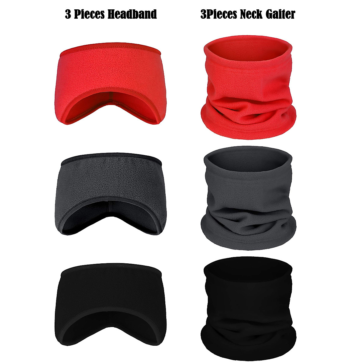 6 Pieces Fleece Ear Warmers Headband Winter Neck Gaiter (Red, Grey, Black)