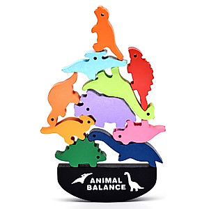 HWD Wooden Stacking Blocks Balancing Games, Animals Bricks Equilibrium Puzzles Toys, Preschool Early Educational Parent-Child Interaction Sorting Games for Toddler, Kids, Children (Dinosaur)