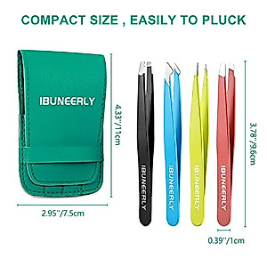 Tweezers Set, 4Pcs Tweezers for Women with Travel Leather Case, Professional Stainless Steel Eyebrows Tweezers, Great Precision Tweezers for Ingrown Hair, Facial Hair, Splinter Removal (Multi-Color)